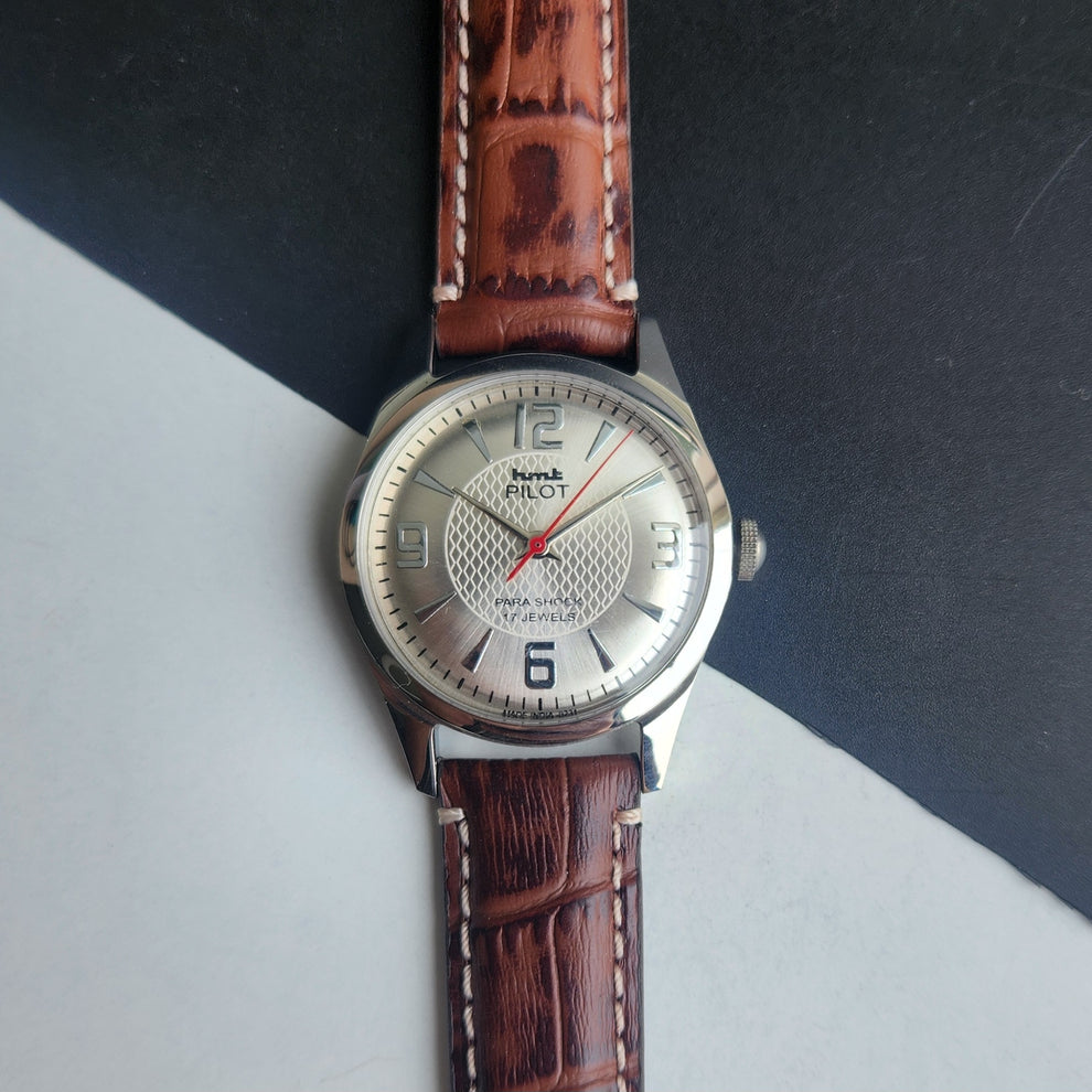 Vintage MOD HMT Pilot Hand Winding 17 Jewels Silver Face Brown Croco L ...