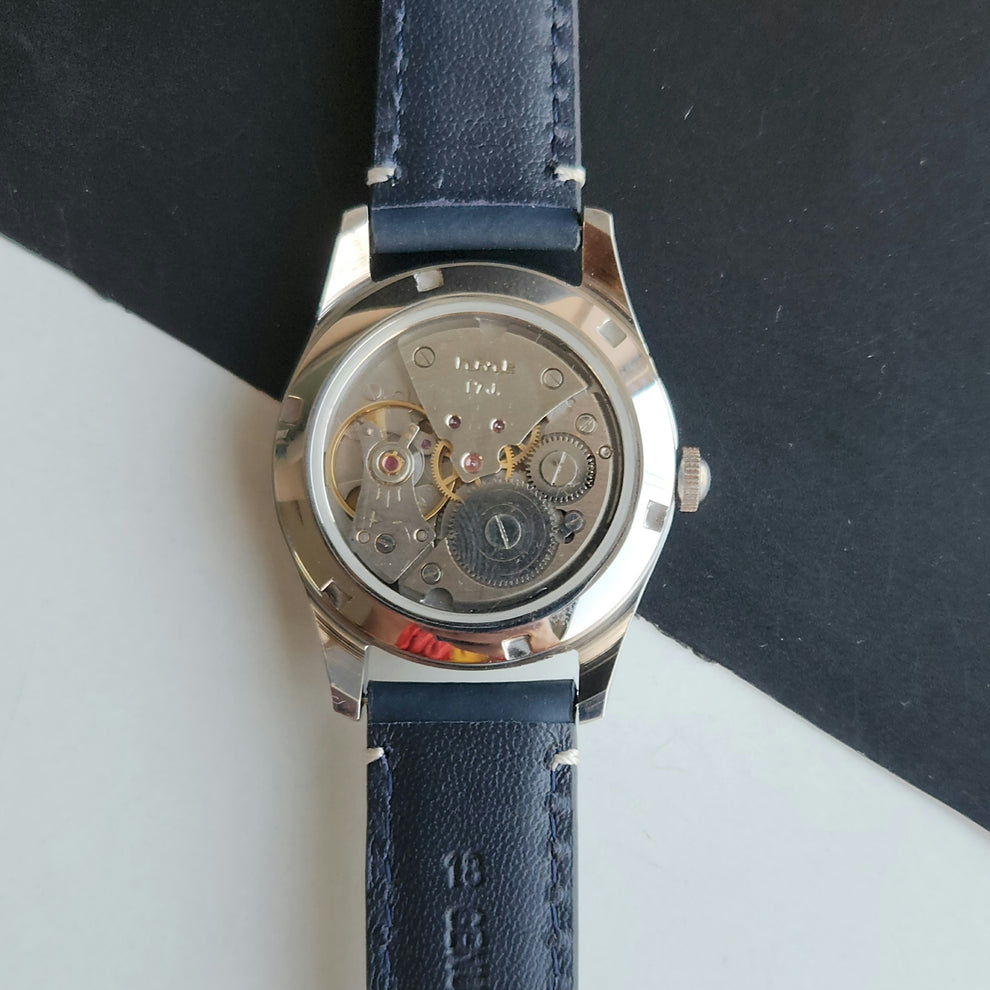Vintage MOD HMT Pilot Hand Winding 17 Jewels Blue Face Blue Leather St ...