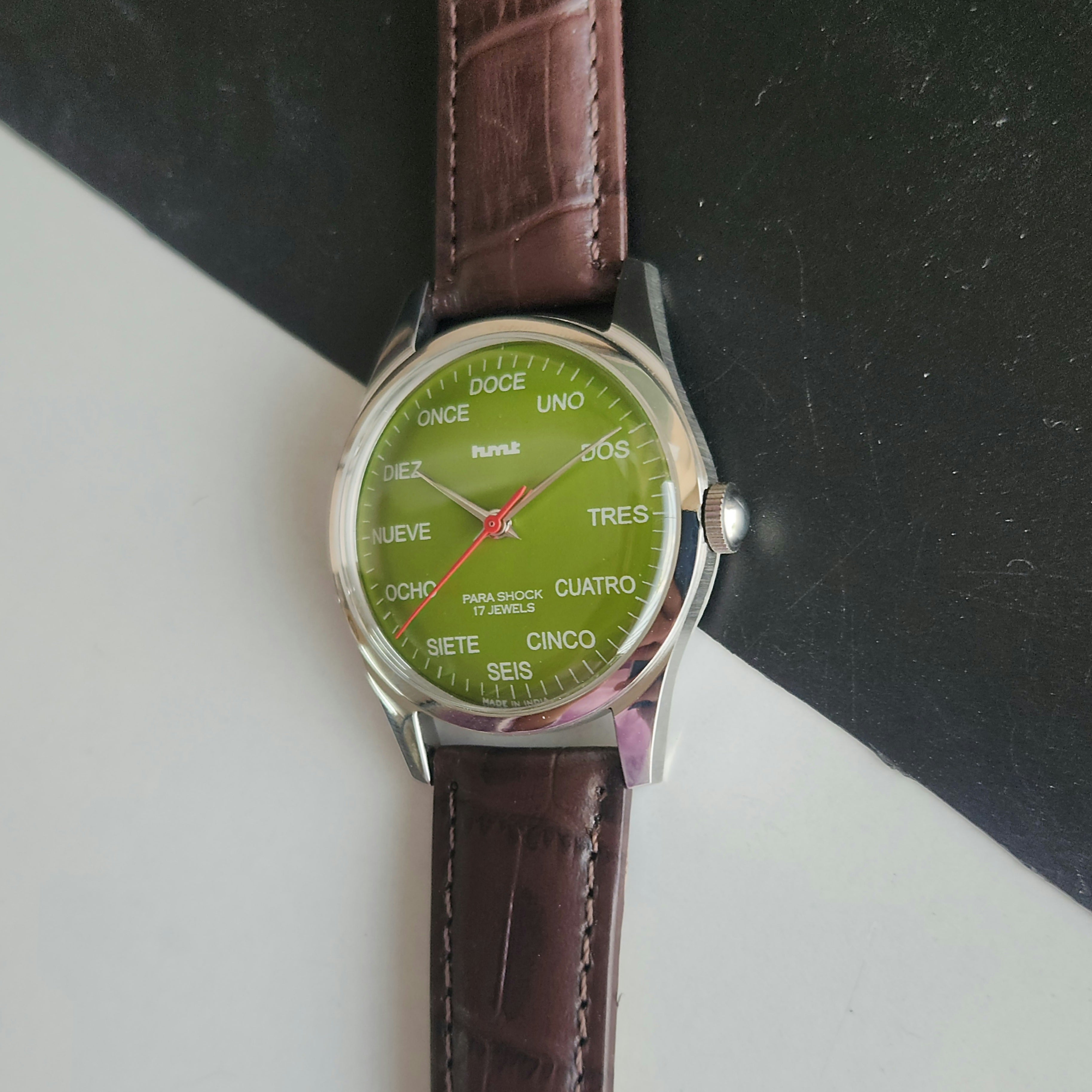 Vintage MOD HMT Spanish Hand Winding 17 Jewels Green Face Brown leathe ...