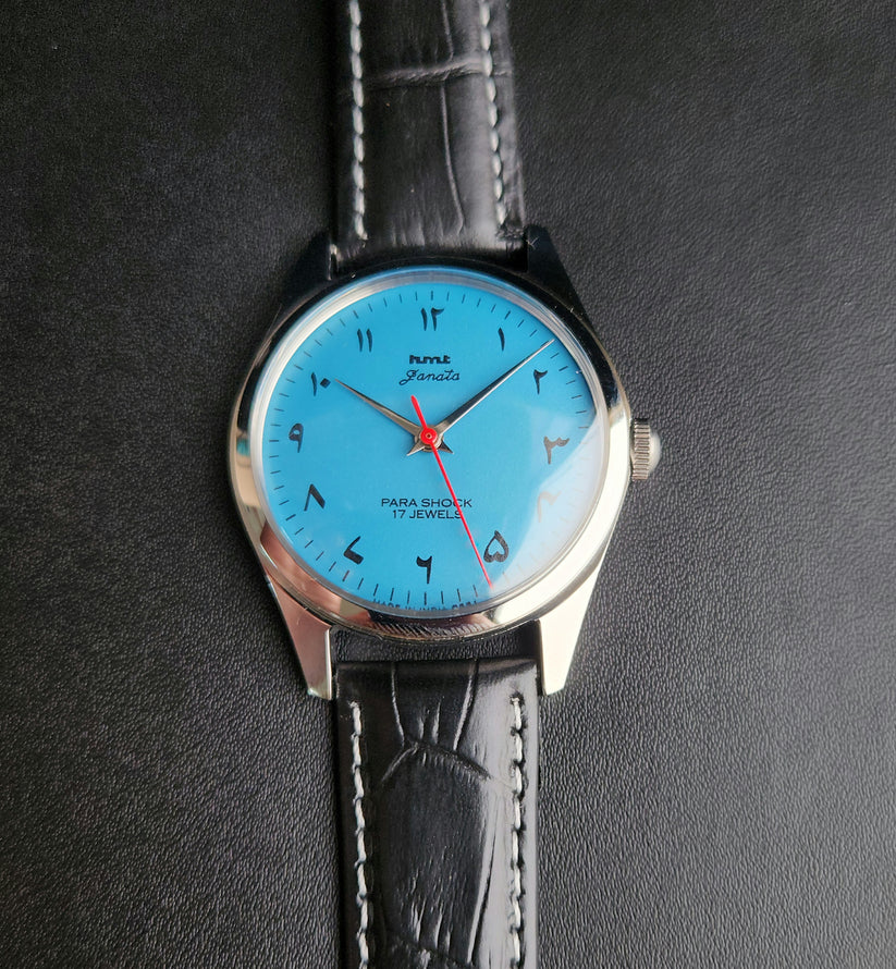 Vintage MOD HMT Janata Hand Winding 17 Jewels Blue Face Black leather ...