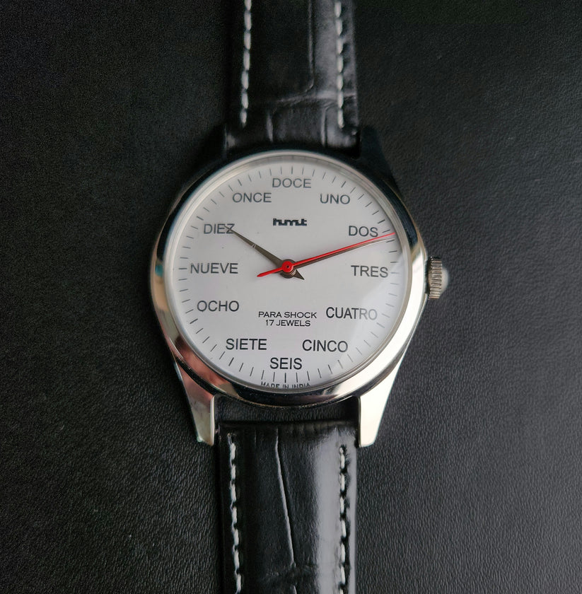 Vintage MOD HMT Spanish Hand Winding 17 Jewels White Face Black leathe ...