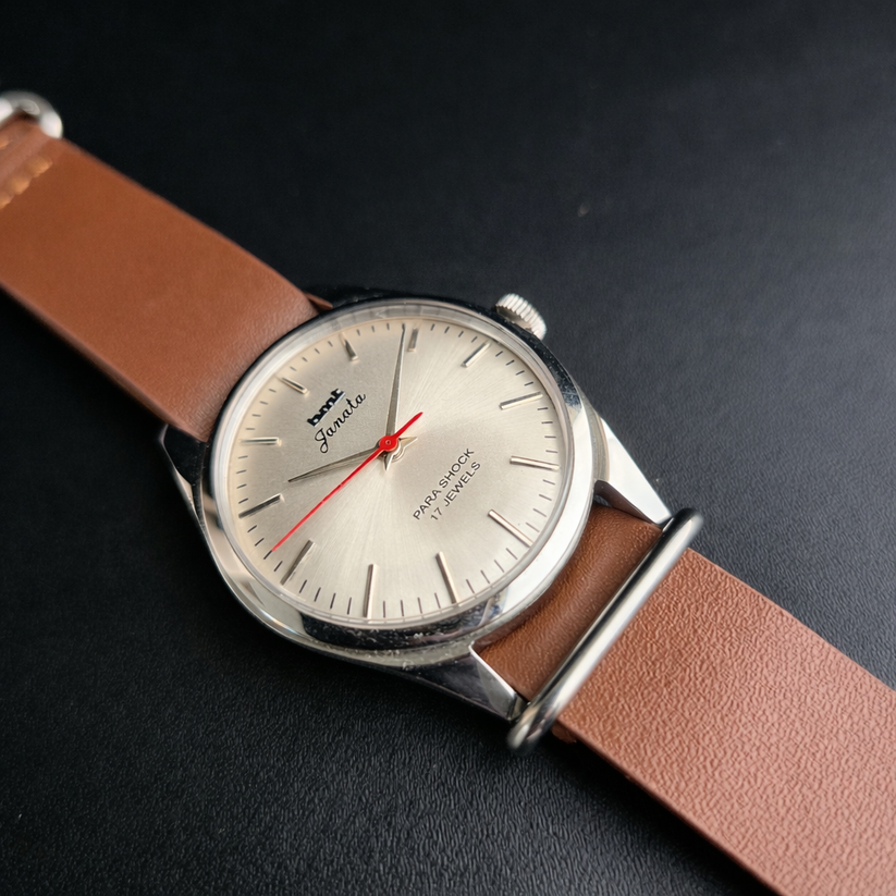 Vintage MOD HMT Janata Hand Winding 17 Jewels Silver Face Tan Leather ...