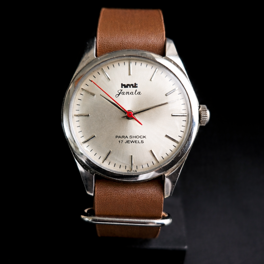 Vintage MOD HMT Janata Hand Winding 17 Jewels Silver Face Tan Leather ...